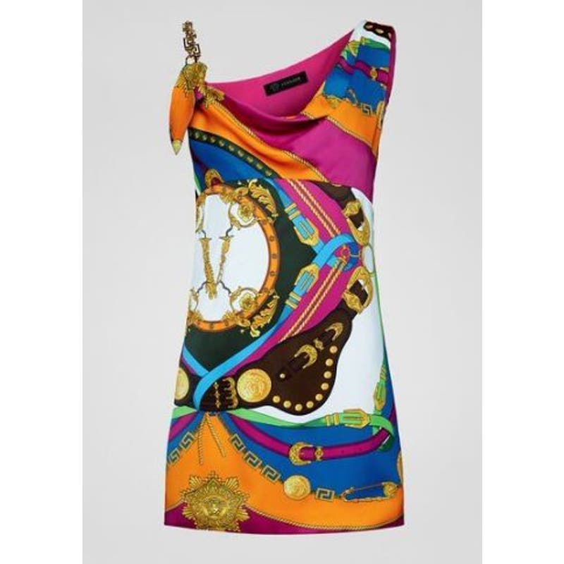Gianni Versace Chain Link Mixed Print Draped Mini Dress Multi Women's ...